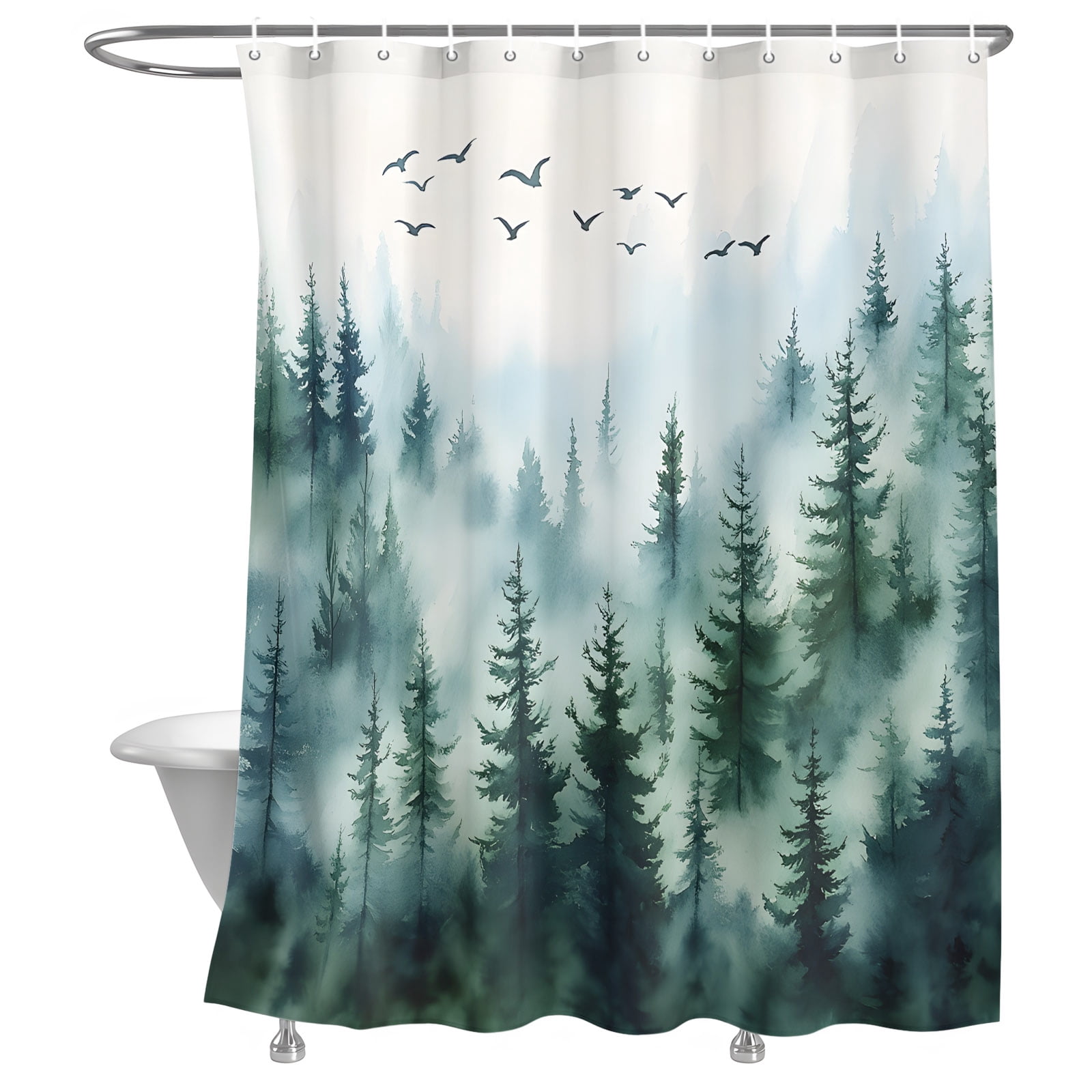 Bathroom Shower Curtain Watercolor Forest Green Tree Waterproof Shower ...