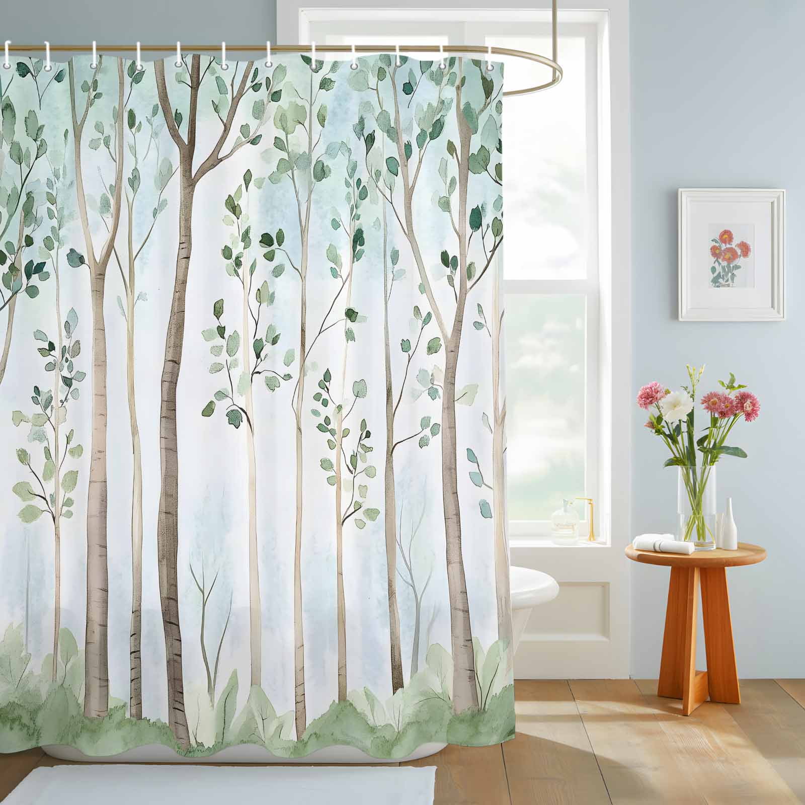 Bathroom Shower Curtain Watercolor Forest Tree Leaf Waterproof Shower ...