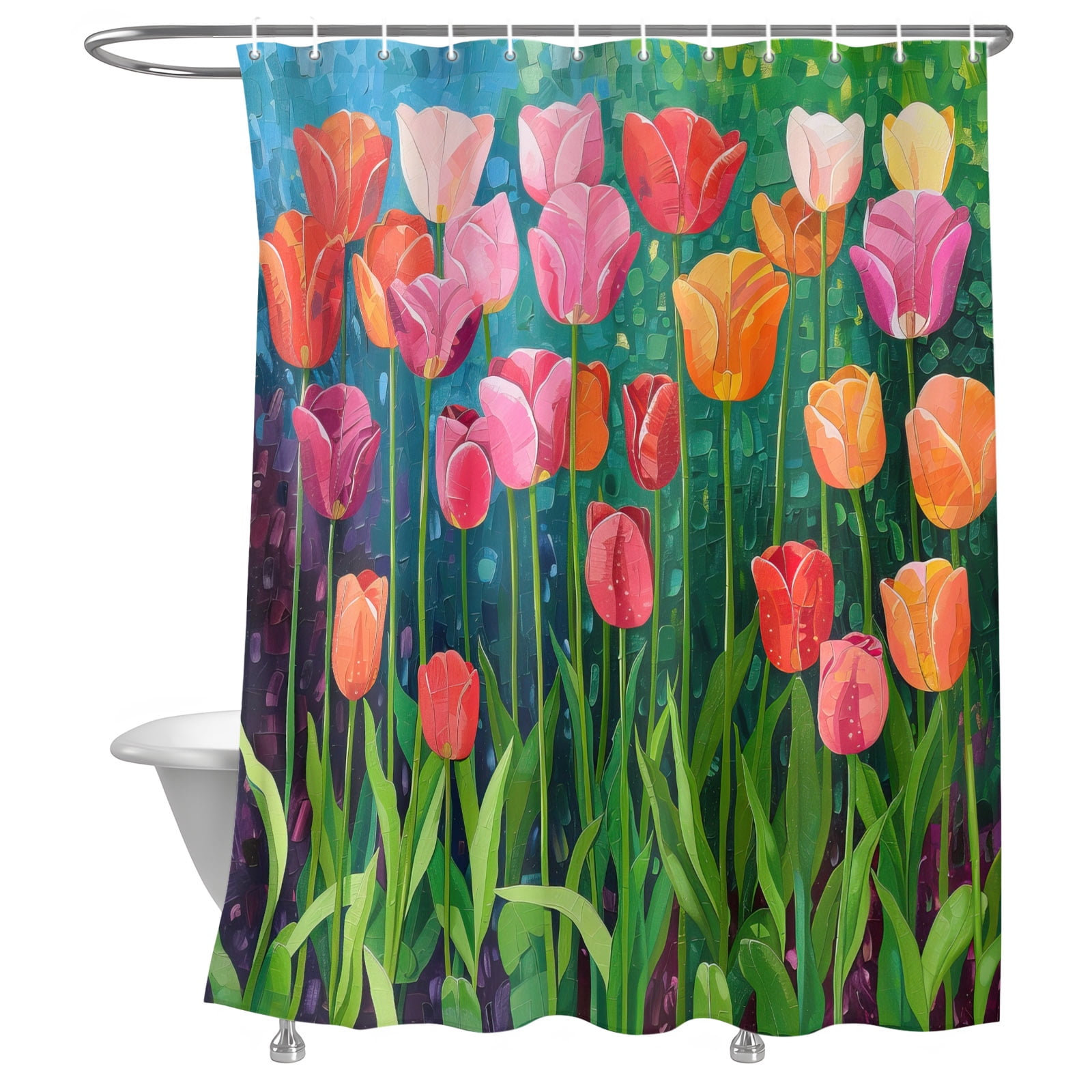 Bathroom Shower Curtain Watercolor Garden Tulip Flower Waterproof ...
