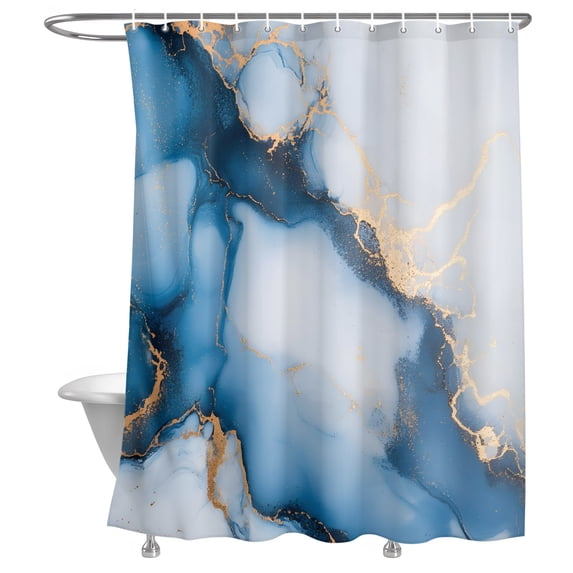 Bathroom Shower Curtain Watercolor Gold Line Blue Waterproof Shower ...