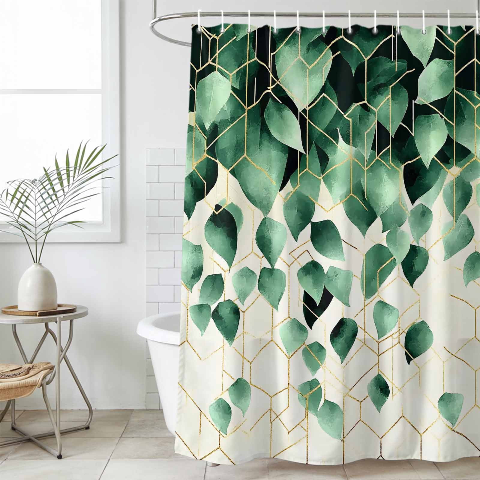Bathroom Shower Curtain Watercolor Green Leaves Color Block Waterproof ...