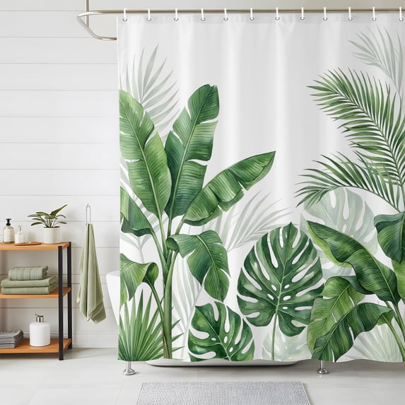 Bathroom Shower Curtain Watercolor Green Tropical Leaves Waterproof ...
