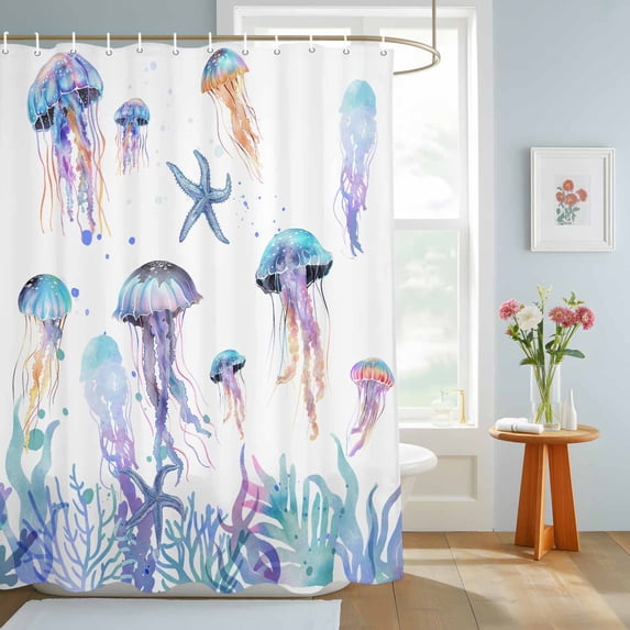 Bathroom Shower Curtain Watercolor Jellyfish Starfish Seaweed ...