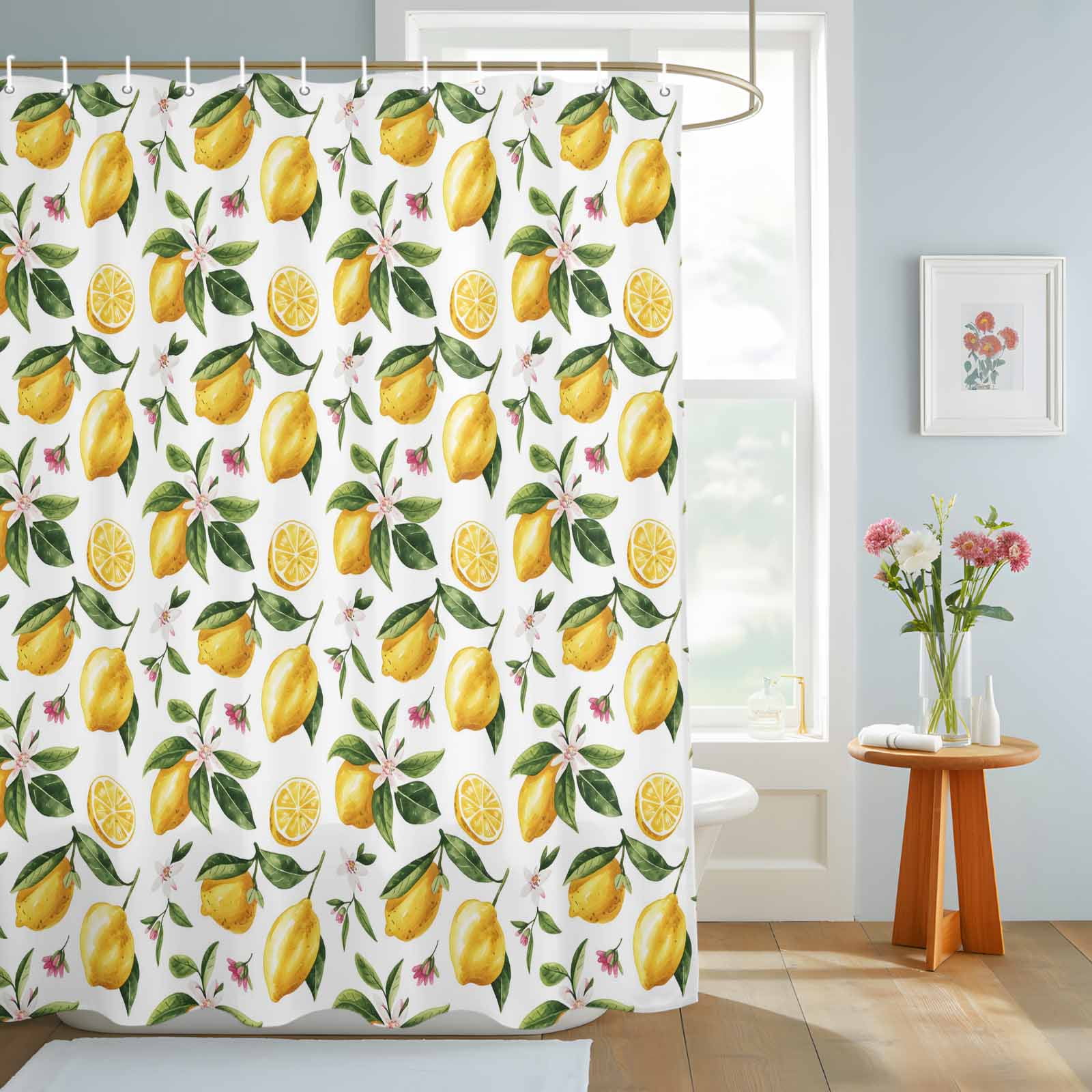 Bathroom Shower Curtain Watercolor Lemon Leaves Flower Waterproof ...