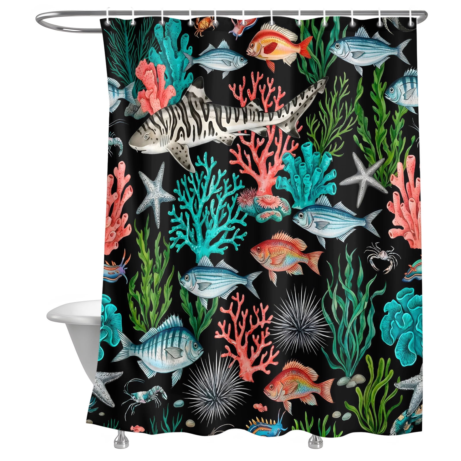 Bathroom Shower Curtain Watercolor Marine Life Shark Coral Waterproof ...