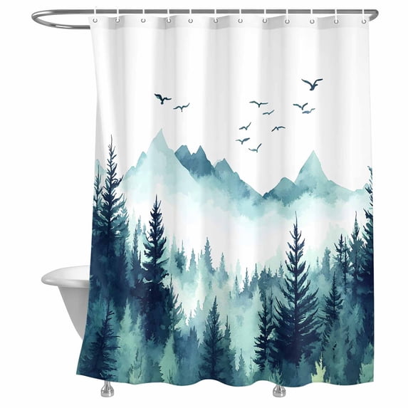 Bathroom Shower Curtain Watercolor Mountain Forest Tree Waterproof ...