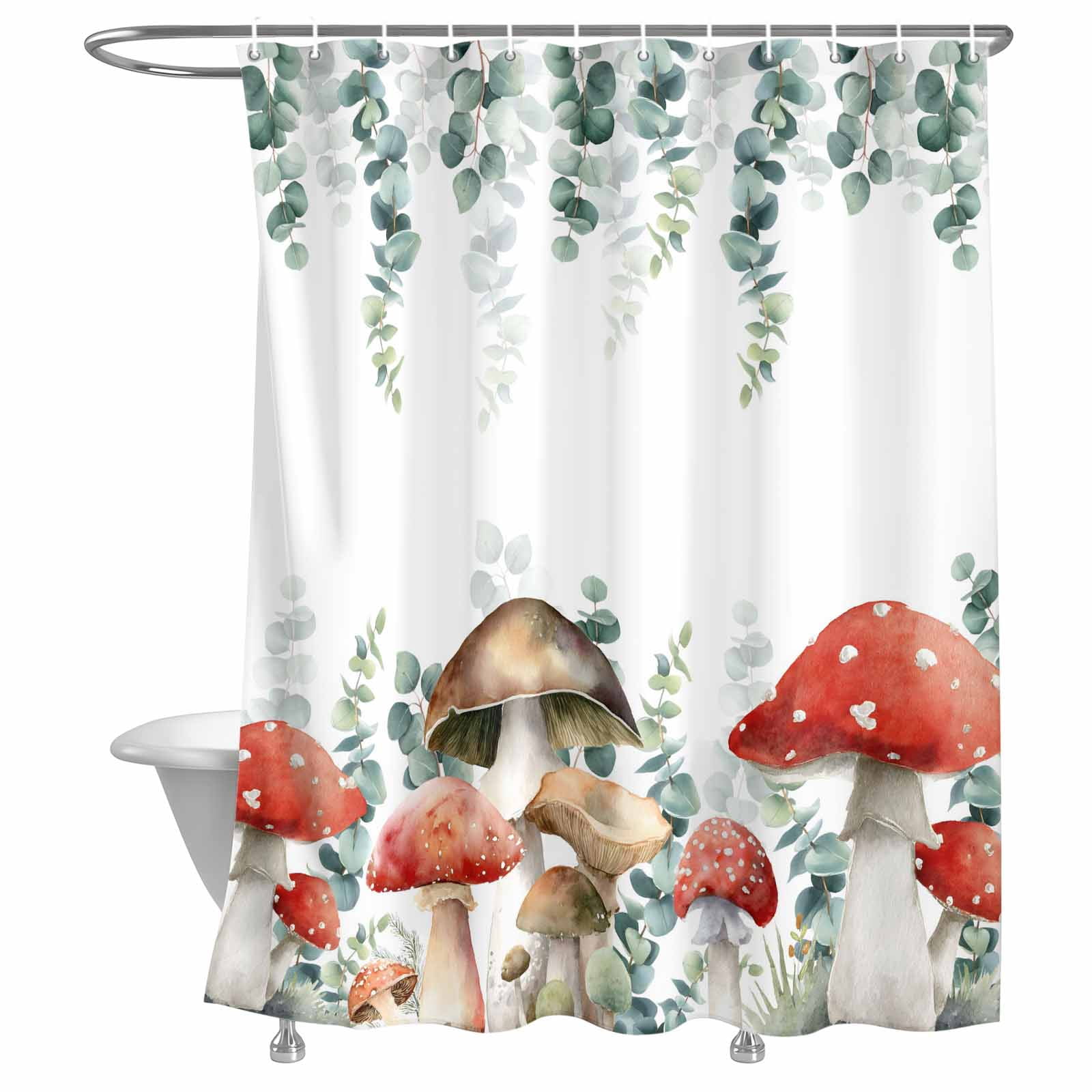 Bathroom Shower Curtain Watercolor Mushroom Eucalyptus Leaf Waterproof ...
