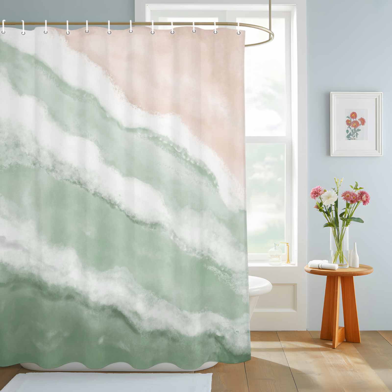 Bathroom Shower Curtain Watercolor Ocean Beach Green Ombre Waterproof ...