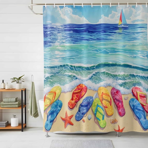 Bathroom Shower Curtain Watercolor Ocean Beach Slippers Waterproof ...