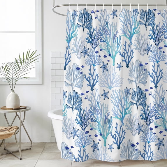 Bathroom Shower Curtain Watercolor Ocean Coral Starfish Waterproof ...