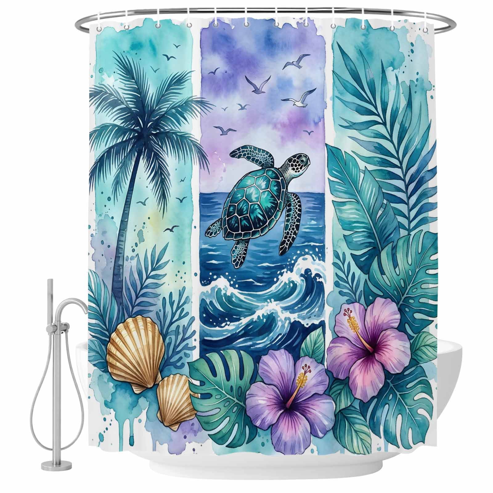 Bathroom Shower Curtain Watercolor Ocean Turtle Flower Waterproof ...