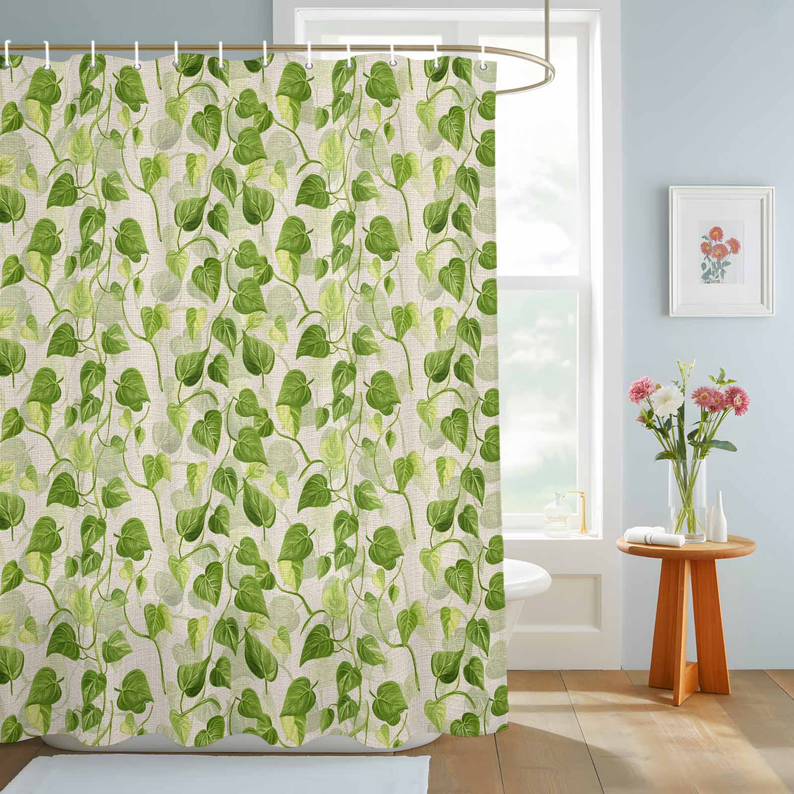 Bathroom Shower Curtain Watercolor Olive Green Leaves on Linen ...