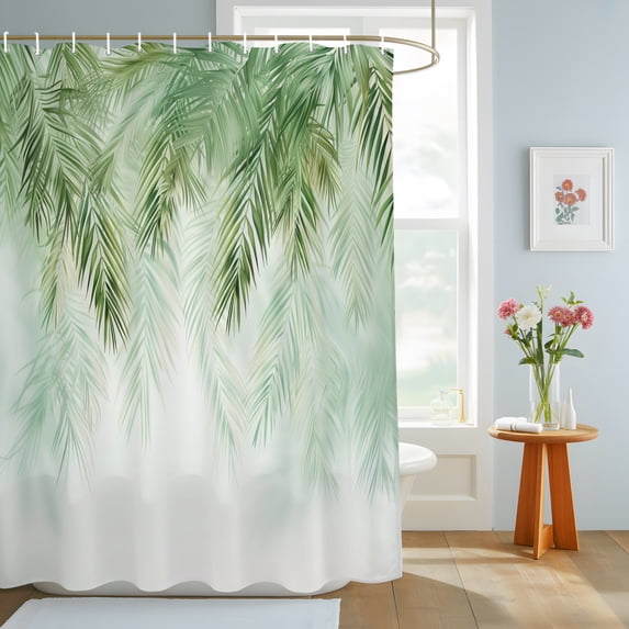 Bathroom Shower Curtain Watercolor Palm Leaves Green Gradient ...