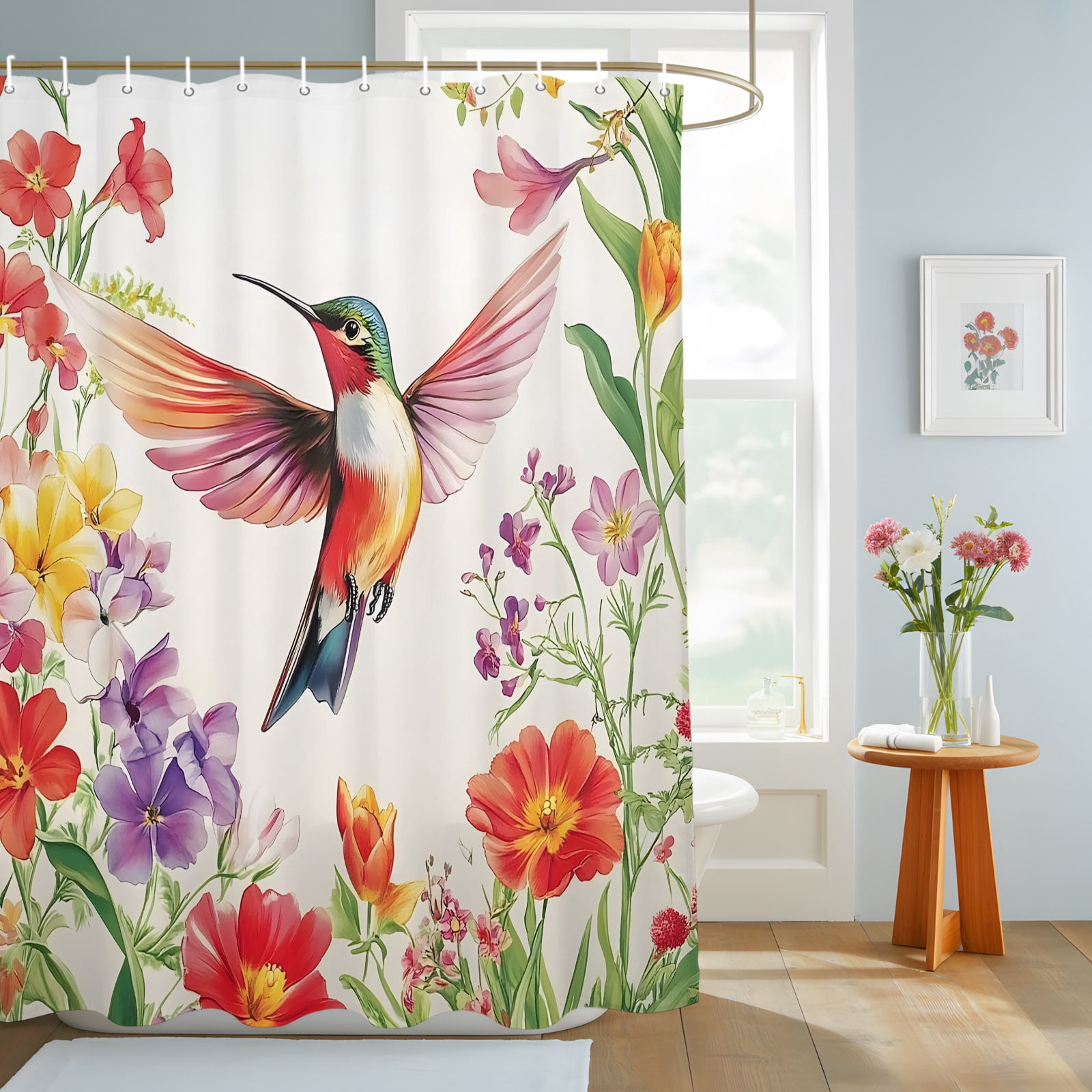 Bathroom Shower Curtain Watercolor Pastoral Country Flower Hummingbird ...