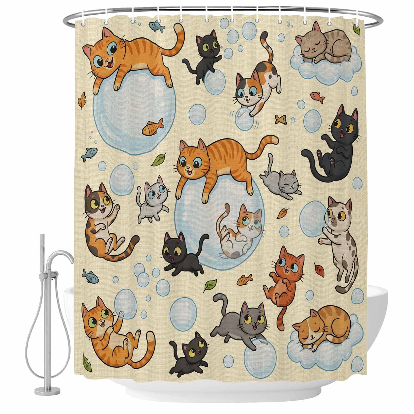 Bathroom Shower Curtain Watercolor Pets Fish Bubbles Waterproof Shower ...