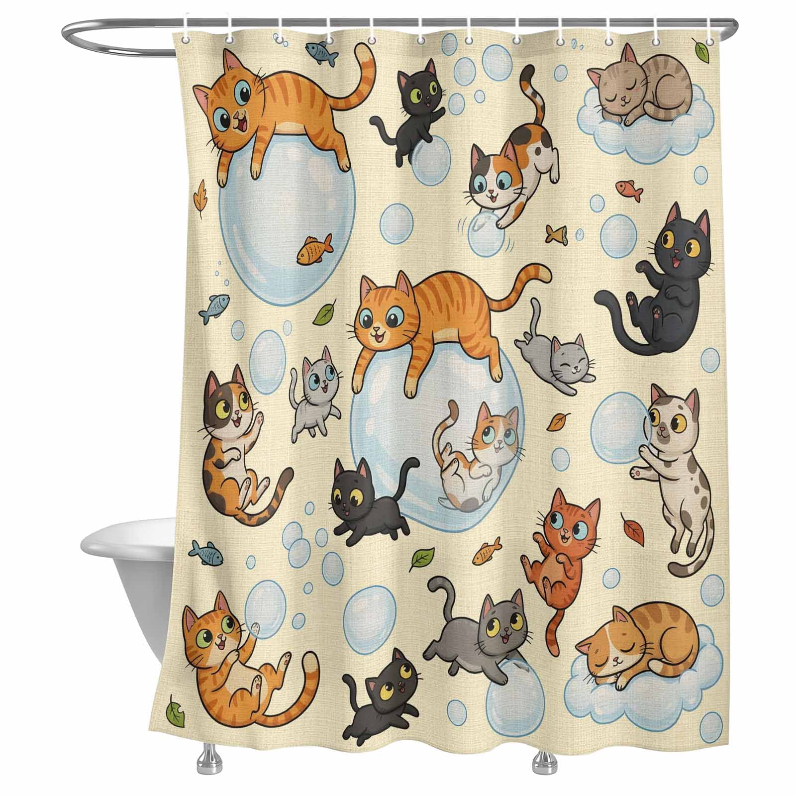Bathroom Shower Curtain Watercolor Pets Fish Bubbles Waterproof Shower ...