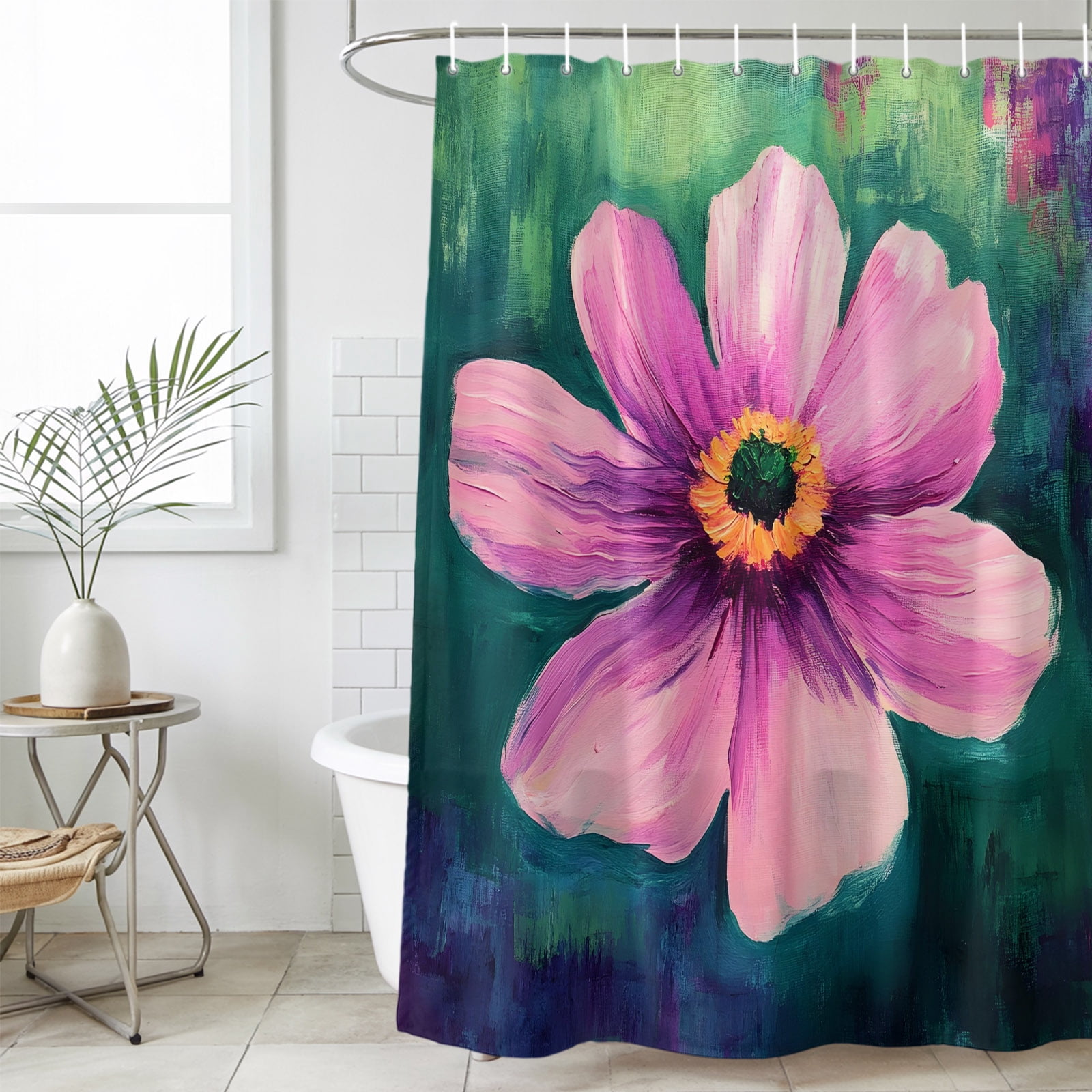 Bathroom Shower Curtain Watercolor Pink Flower Floral on Green ...
