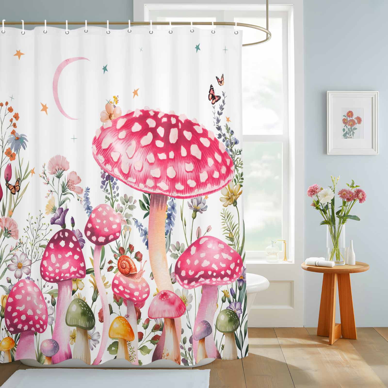 Bathroom Shower Curtain Watercolor Pink Mushroom Flower Butterfly ...