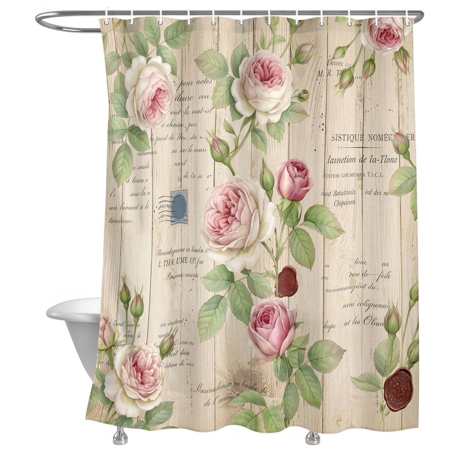 Bathroom Shower Curtain Watercolor Pink Rose Flower Leaves Waterproof ...