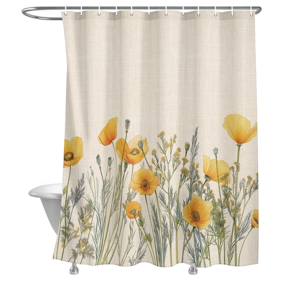 Bathroom Shower Curtain Watercolor Poppy Flower Leaves Waterproof ...