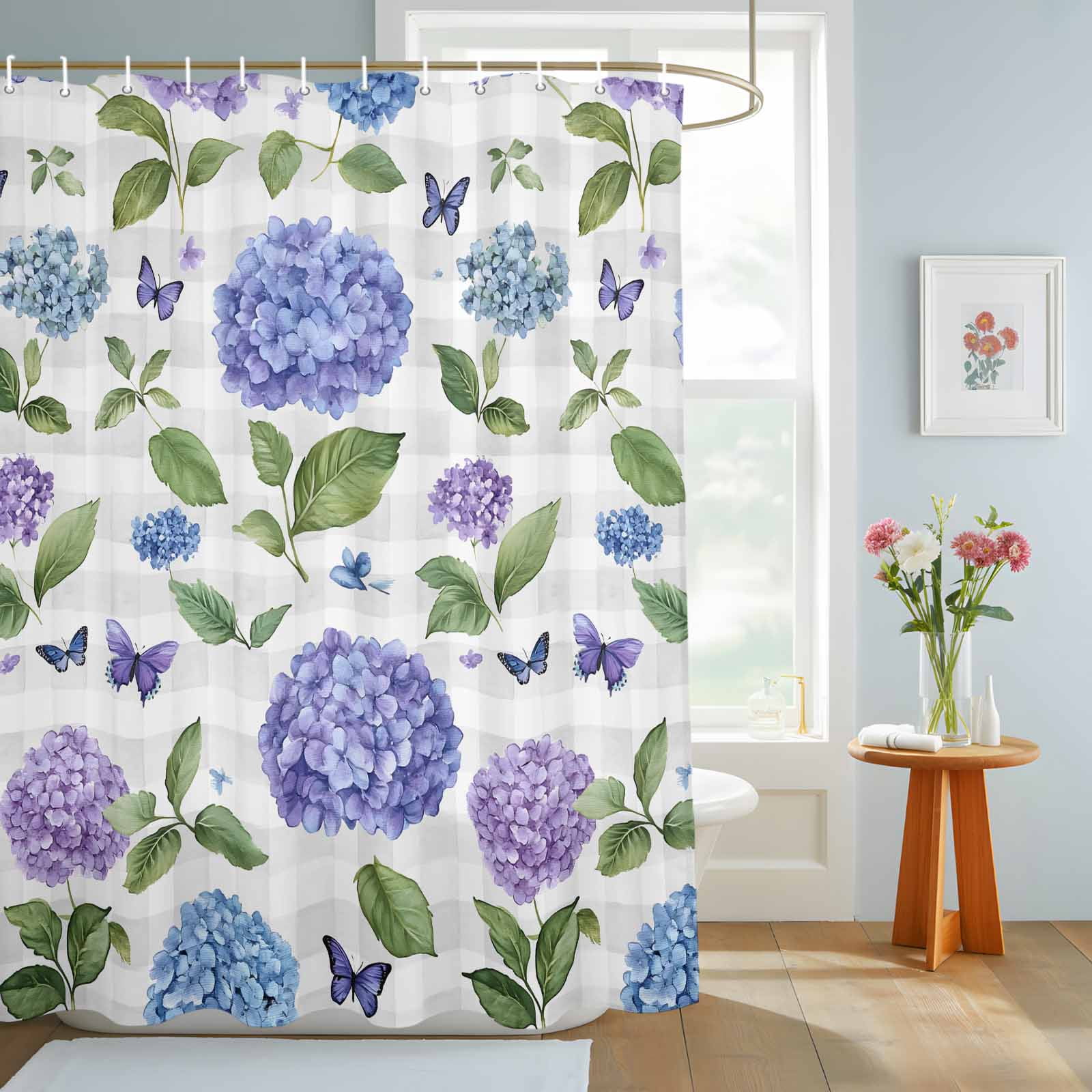 Bathroom Shower Curtain Watercolor Purple Blue Hydrangeas Waterproof ...
