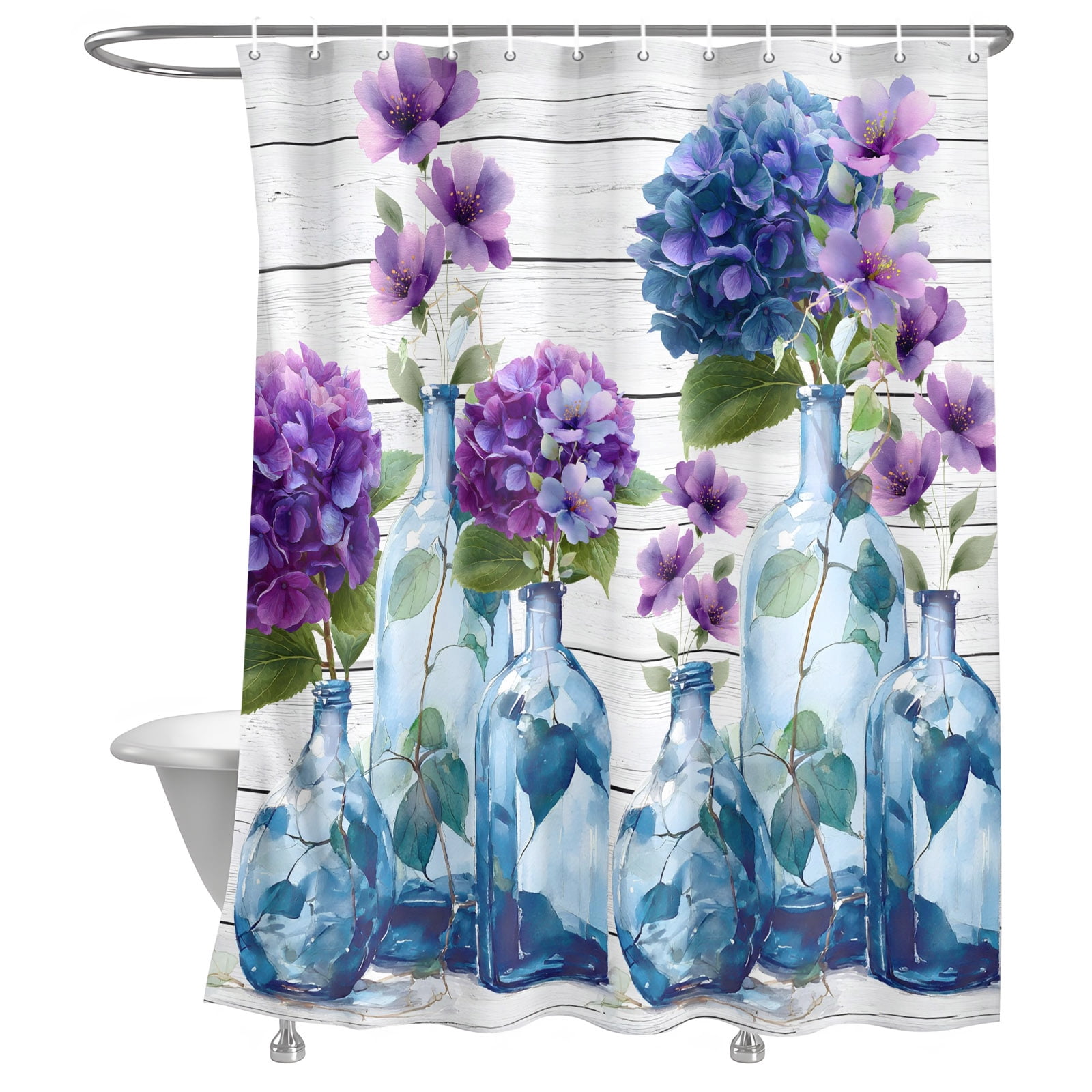 Bathroom Shower Curtain Watercolor Purple Flower Blue Vases Waterproof ...