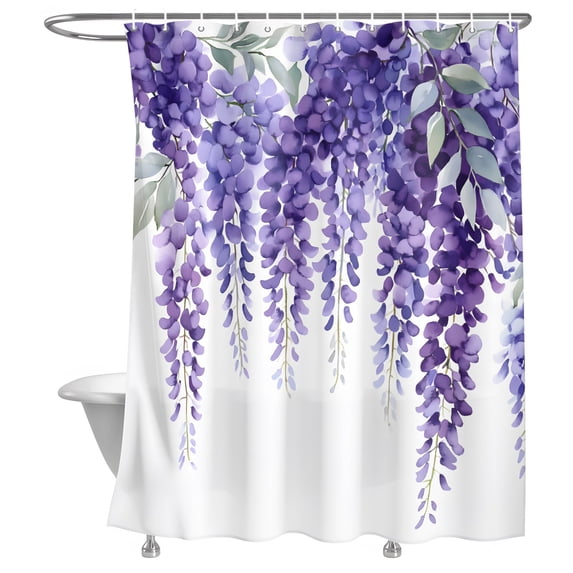 Bathroom Shower Curtain Watercolor Purple Flower Leaves Waterproof ...