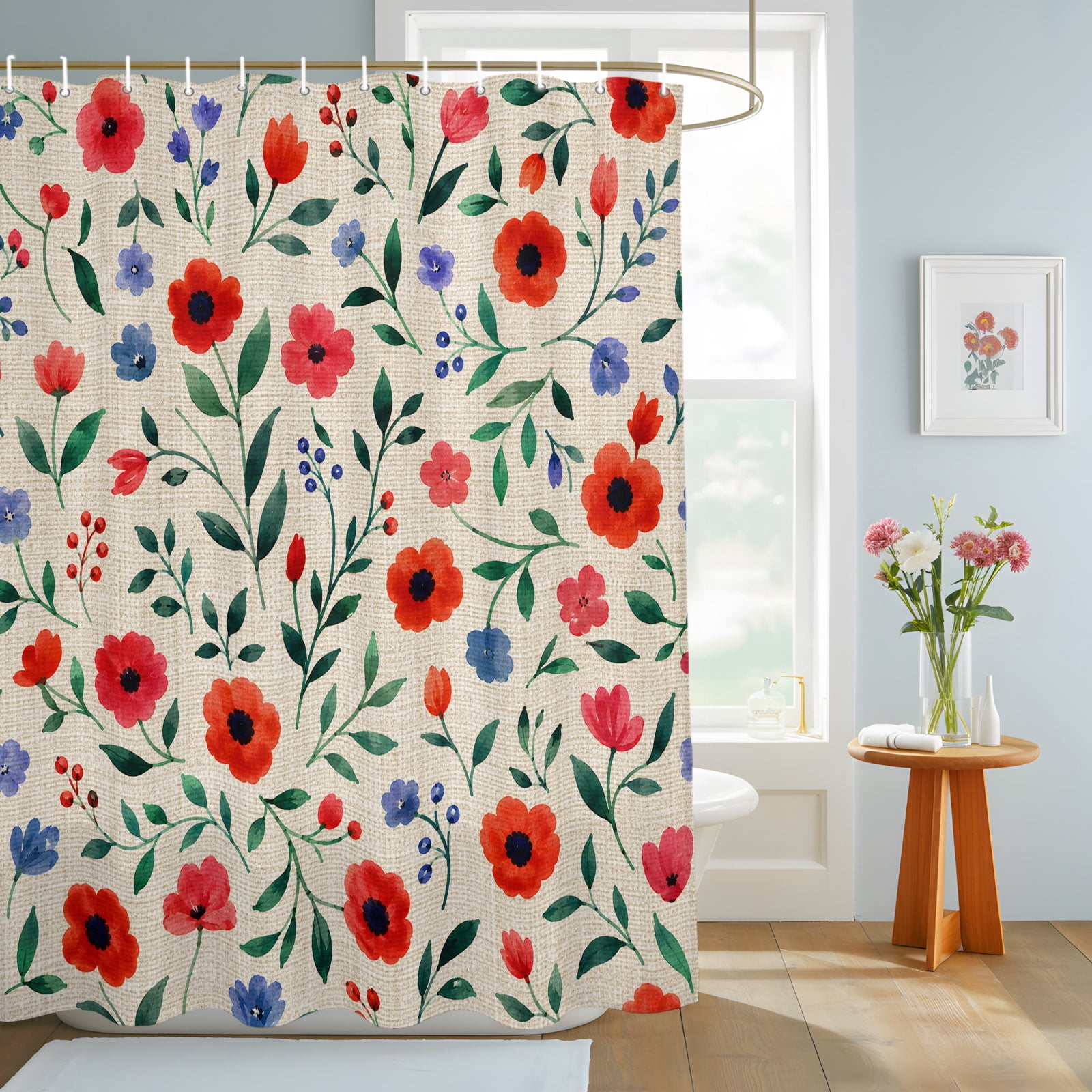 Bathroom Shower Curtain Watercolor Red Blue Flower on Linen Waterproof ...