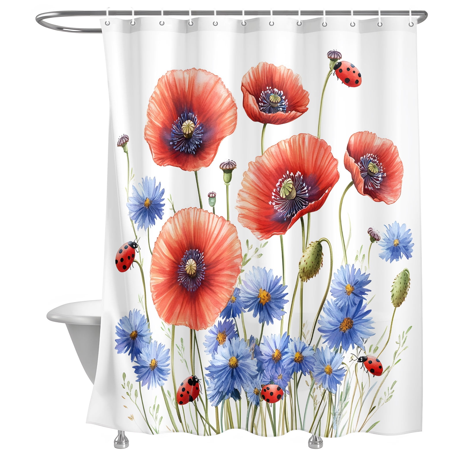Bathroom Shower Curtain Watercolor Red Concubine Blue Flower Waterproof ...