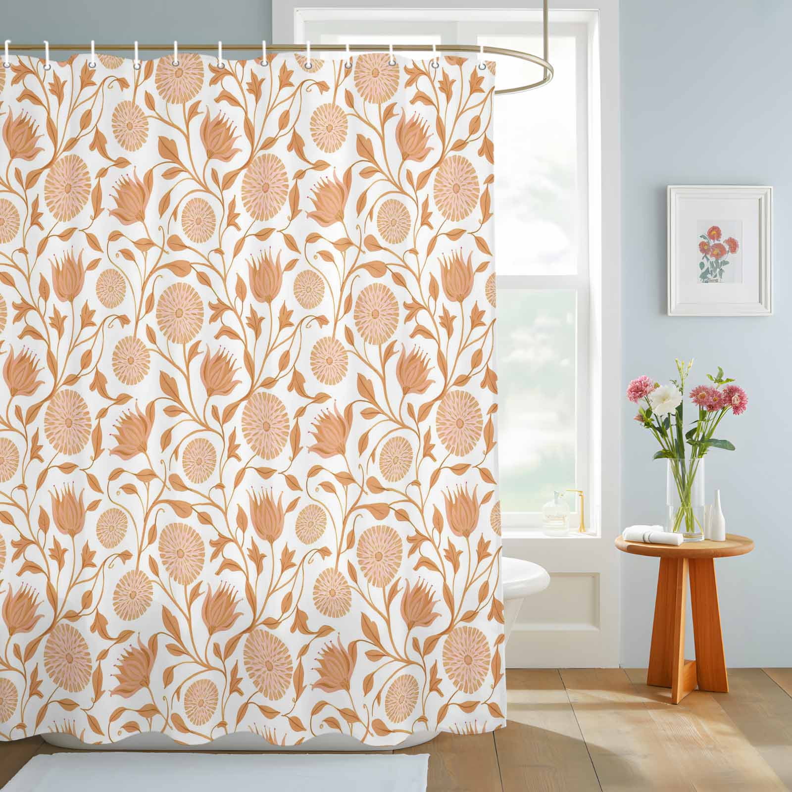 Bathroom Shower Curtain Watercolor Retro Orange Flower Waterproof ...