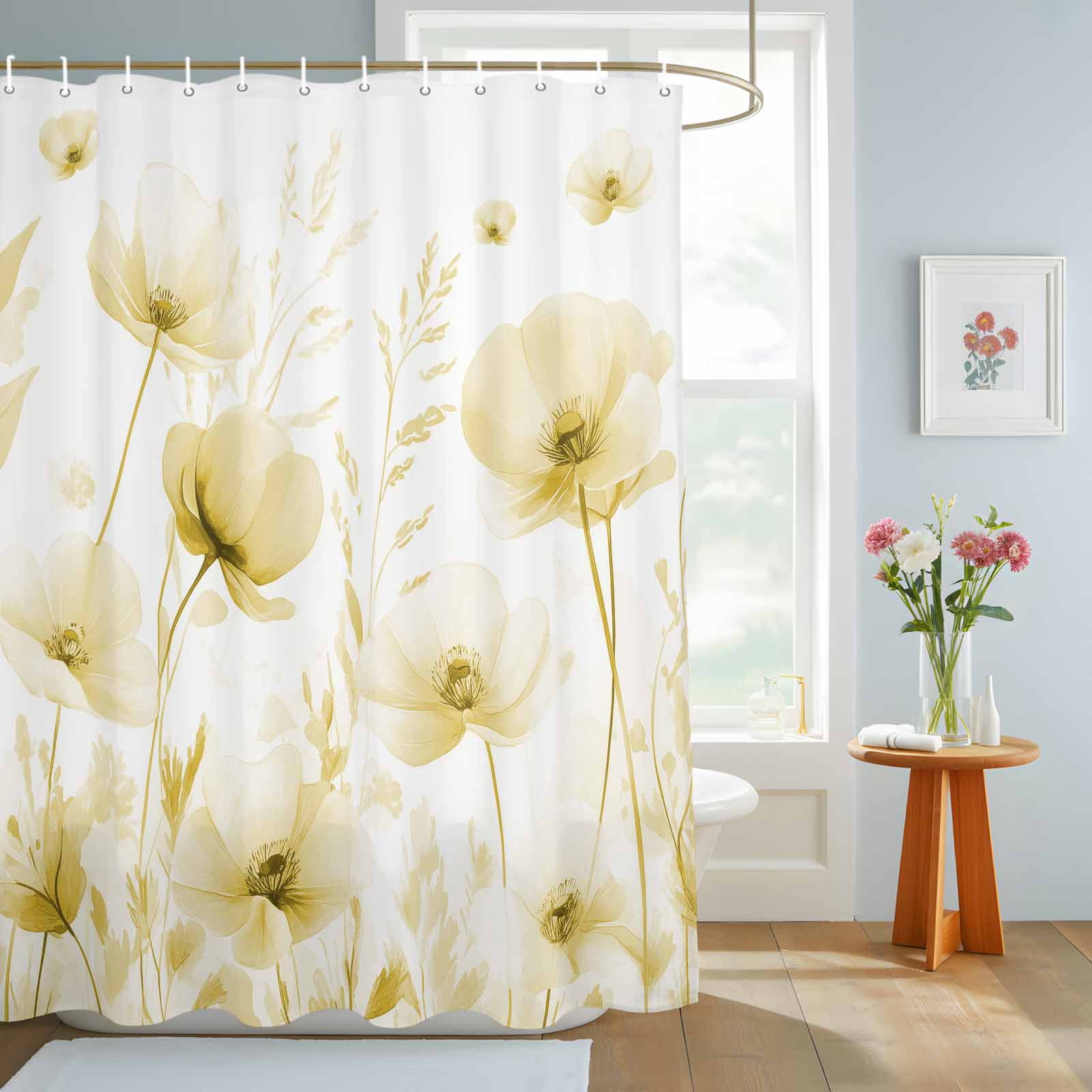 Bathroom Shower Curtain Watercolor Retro Yellow Flowers Floral on White ...