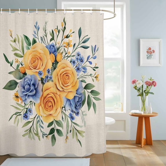 Bathroom Shower Curtain Watercolor Rose Flower Green Leaves Waterproof ...