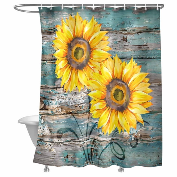 Bathroom Shower Curtain Watercolor Rustic Sunflower Waterproof Shower ...