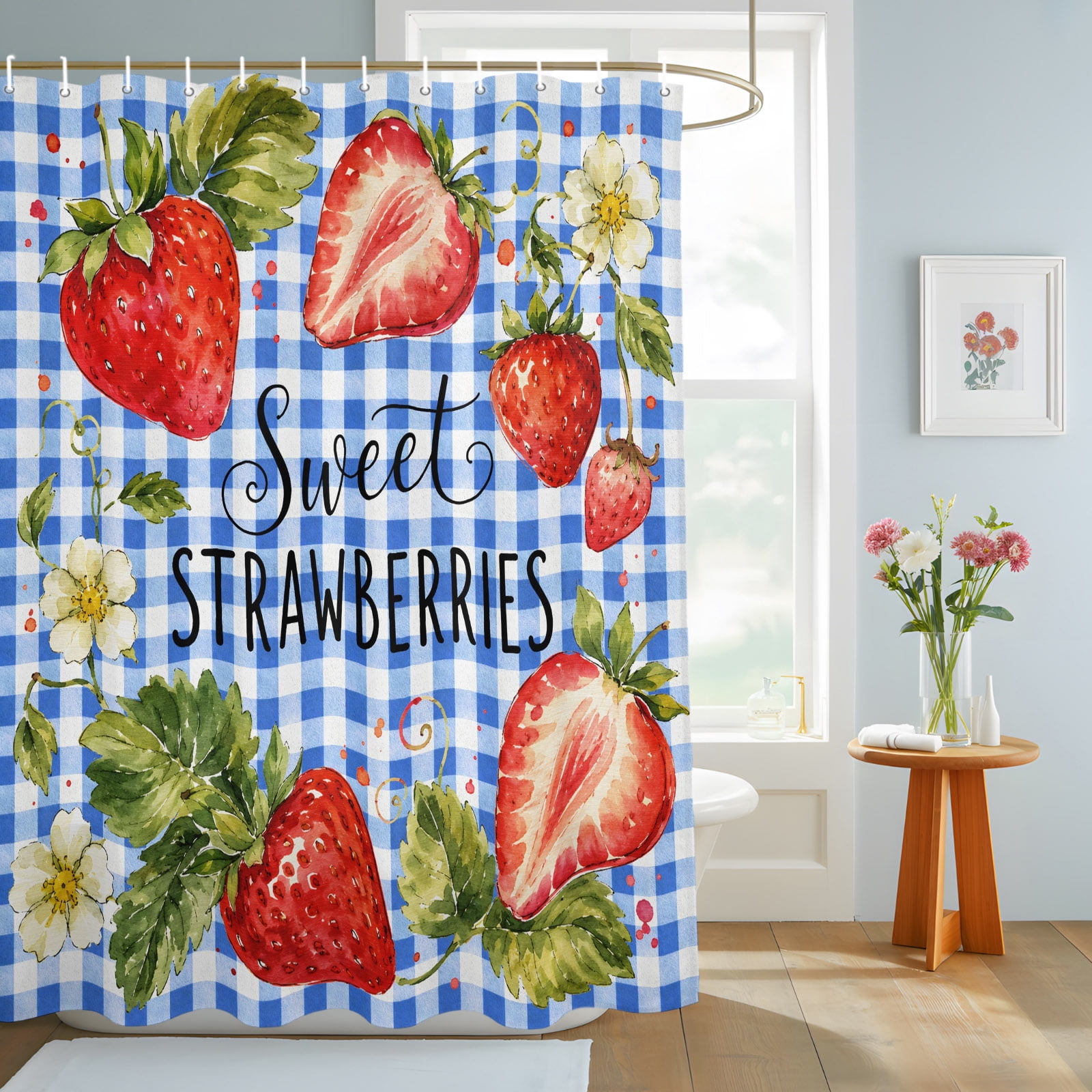 Bathroom Shower Curtain Watercolor Strawberry Flower Waterproof Shower ...