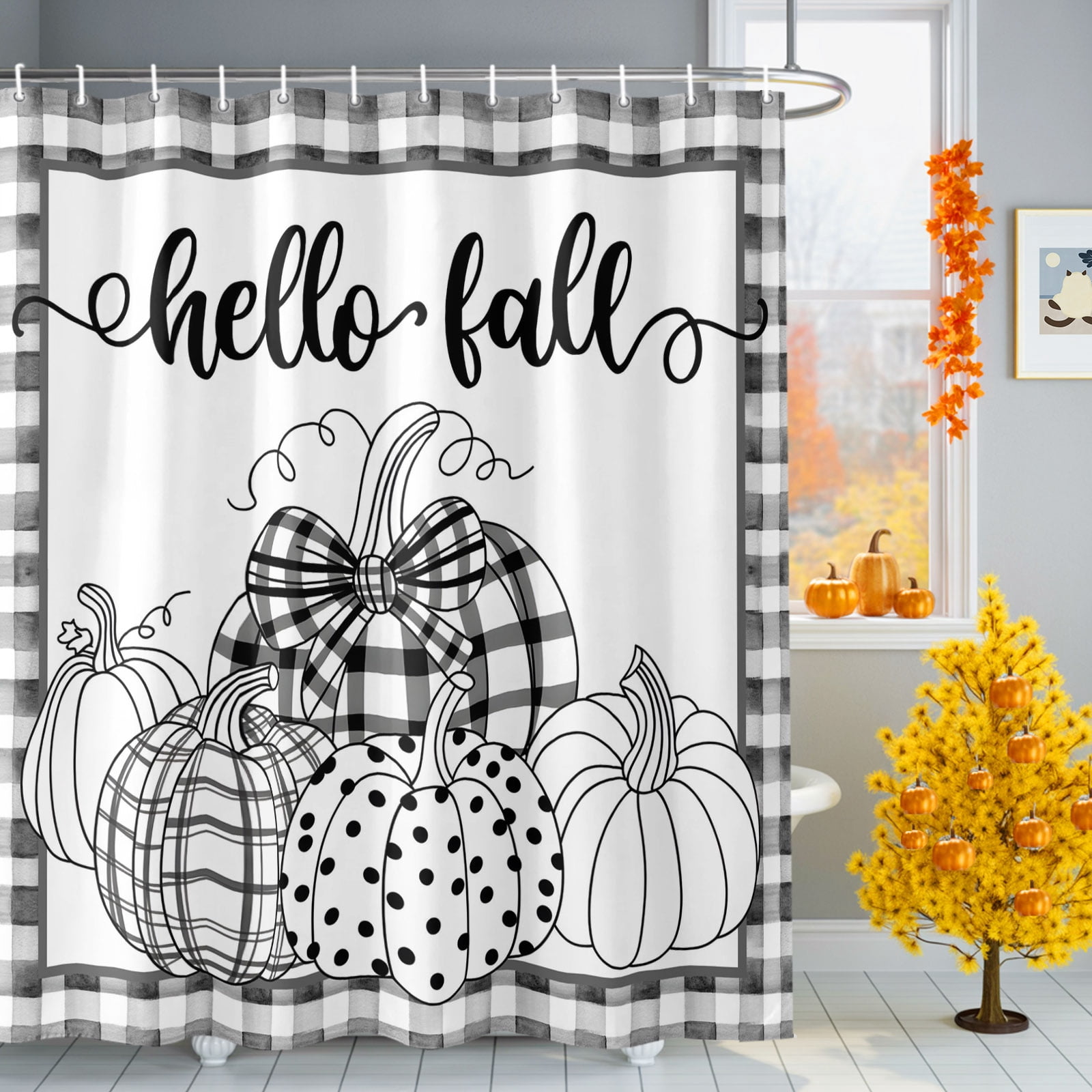Bathroom Shower Curtain Watercolor Stripe Dots Pumpkin Waterproof ...