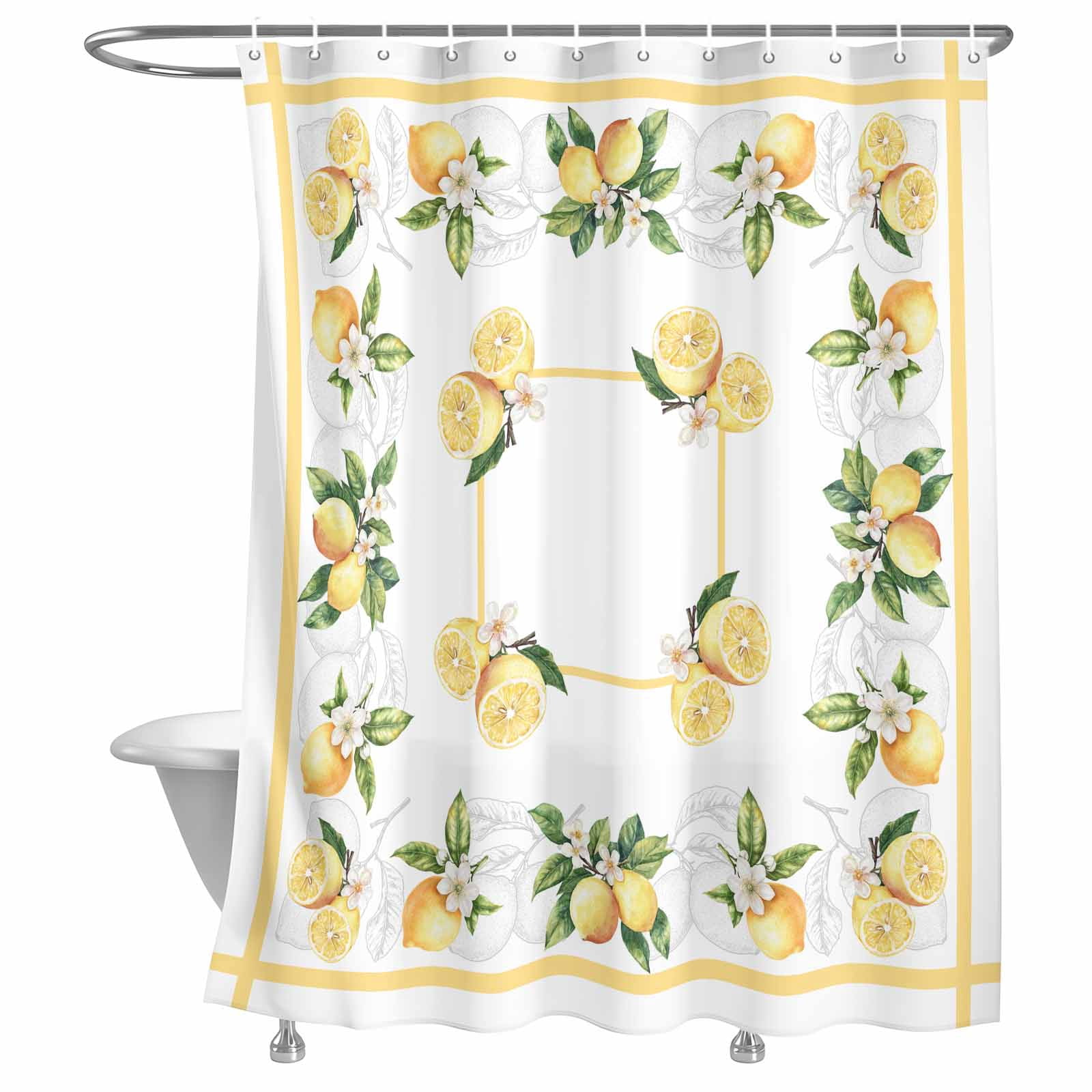 Bathroom Shower Curtain Watercolor Summer Lemon Flower Waterproof ...