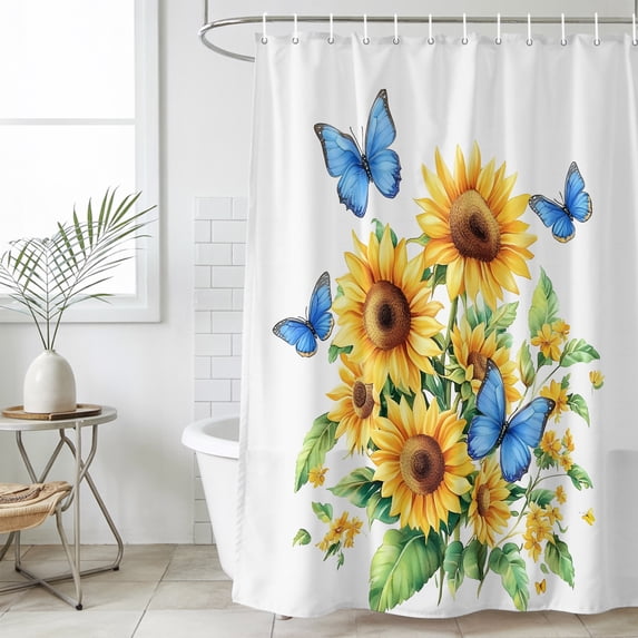 Bathroom Shower Curtain Watercolor Sunflower Butterfly Waterproof ...