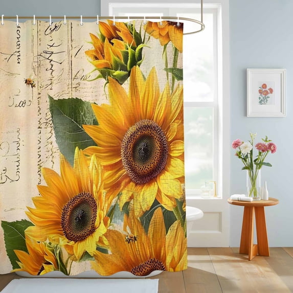 Bathroom Shower Curtain Watercolor Sunflower Green Leaves Waterproof ...