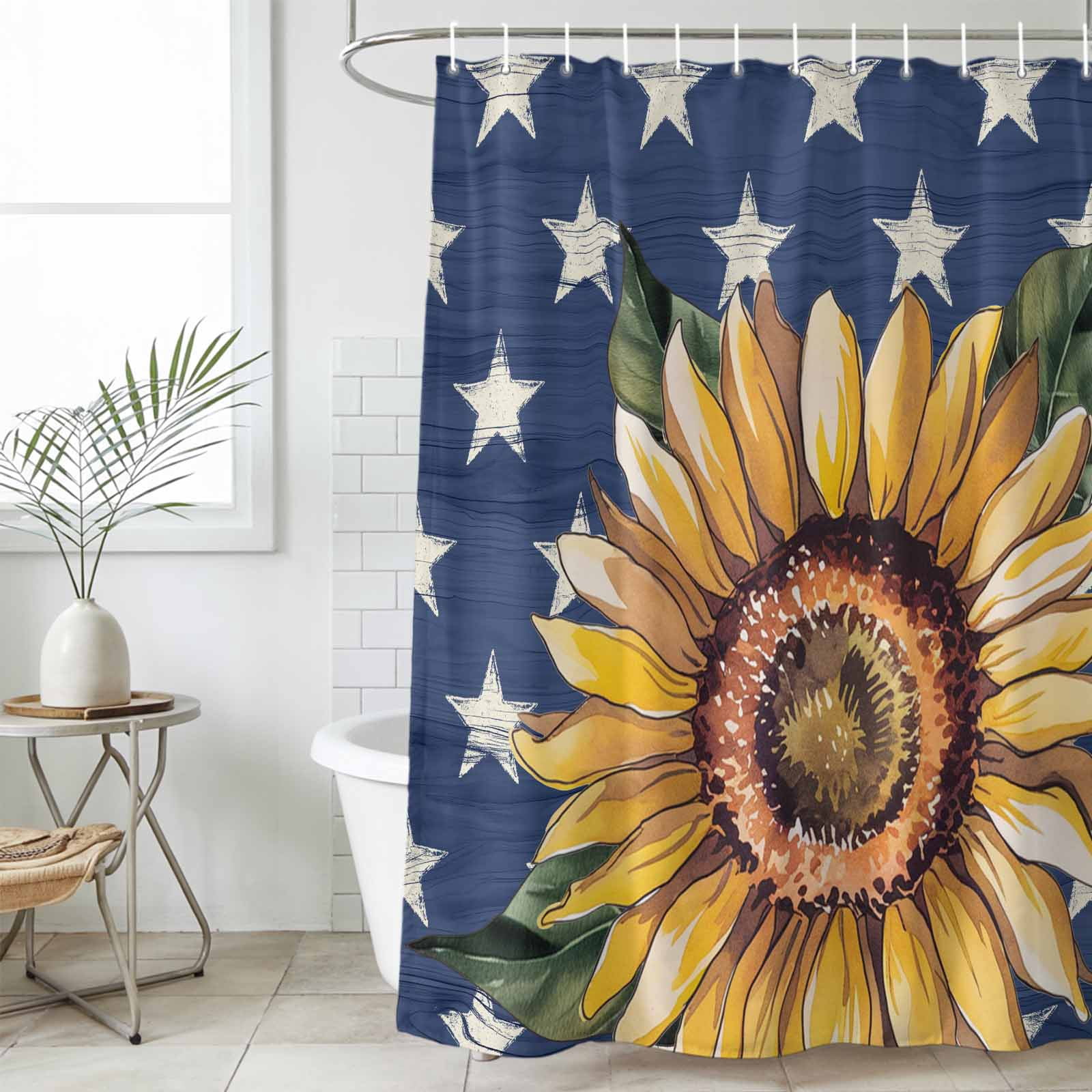 Bathroom Shower Curtain Watercolor Sunflower Stars on Blue Waterproof ...