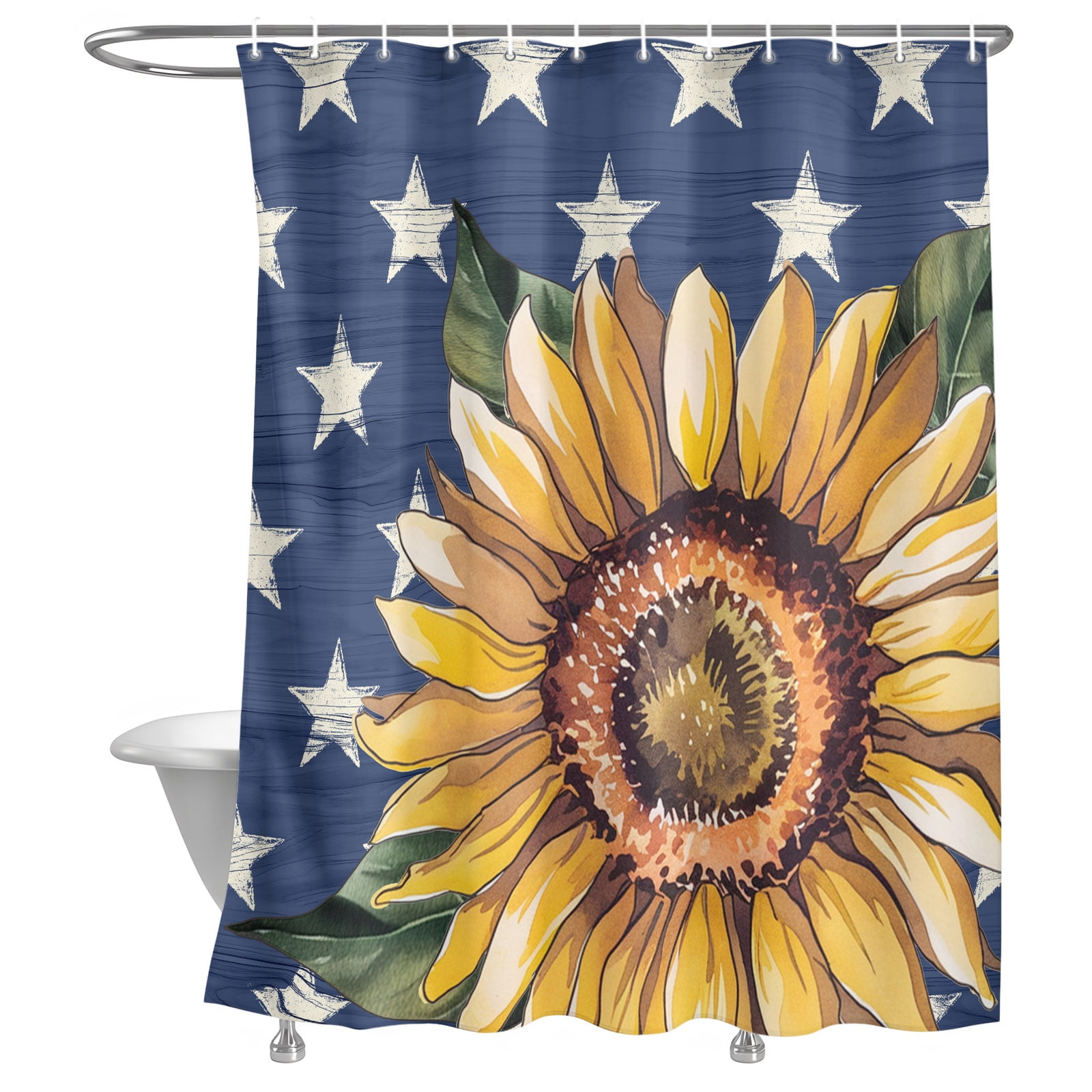 Bathroom Shower Curtain Watercolor Sunflower Stars on Blue Waterproof ...