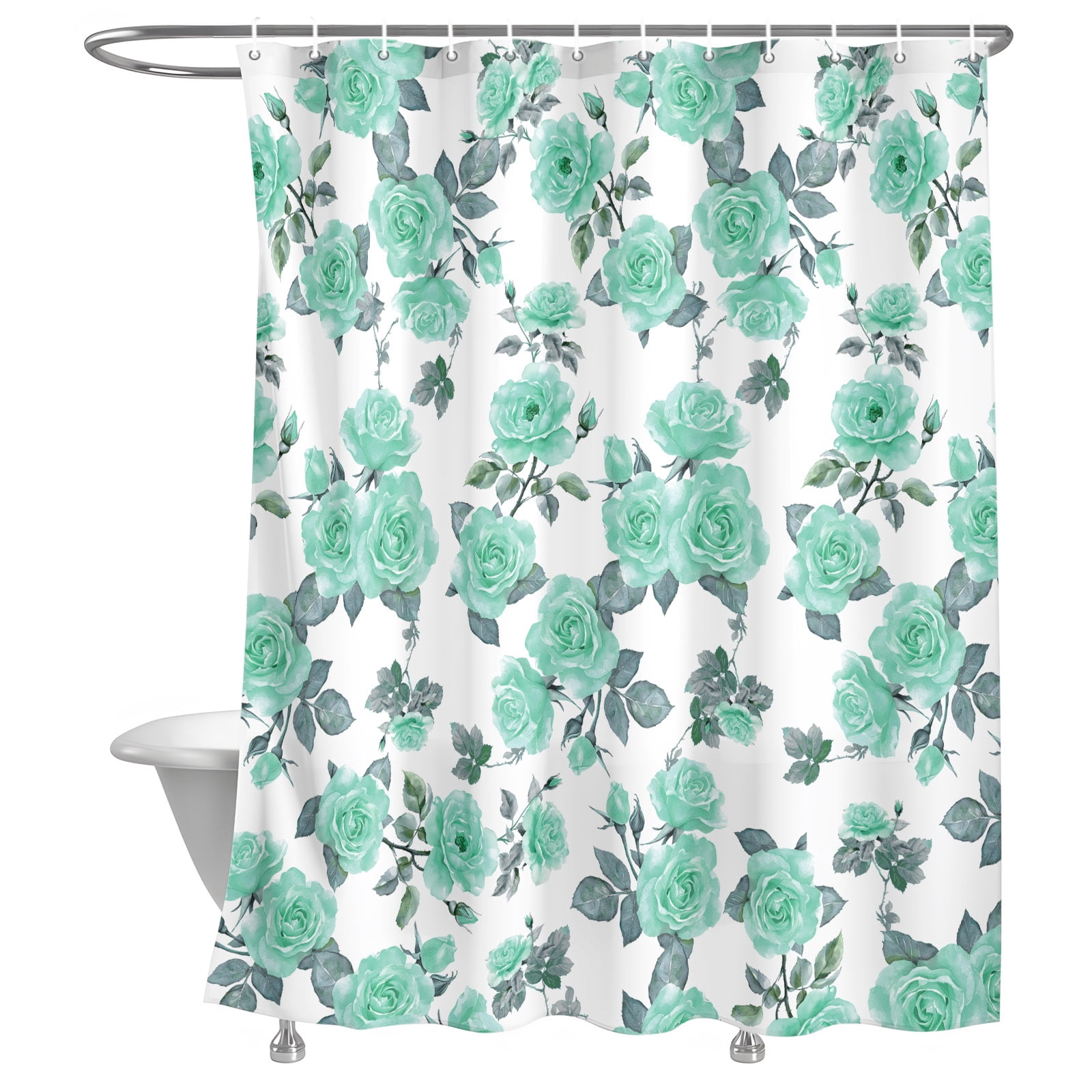 Bathroom Shower Curtain Watercolor Turquoise Rose Flower Waterproof ...