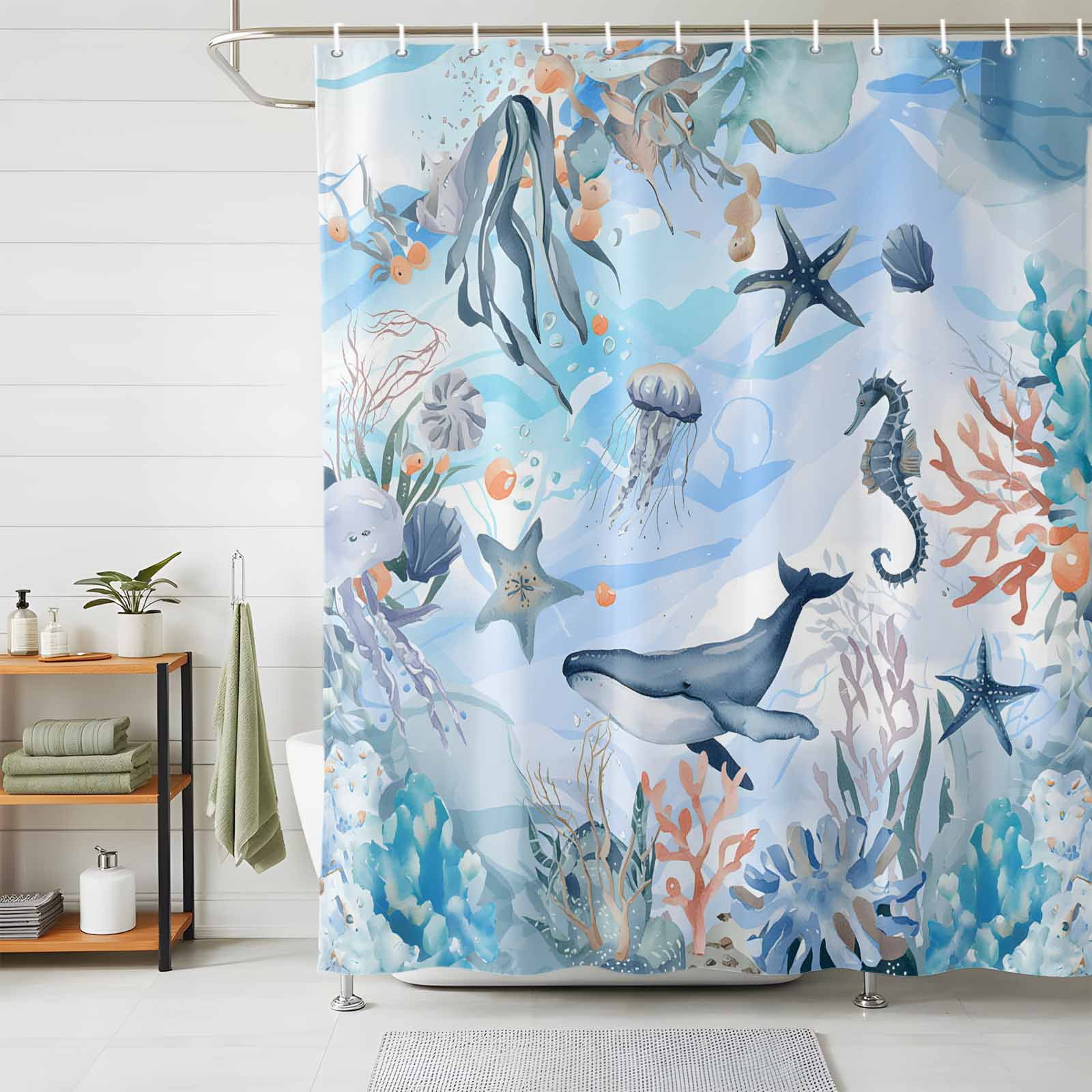 Bathroom Shower Curtain Watercolor Whale Jellyfish Starfish Waterproof ...