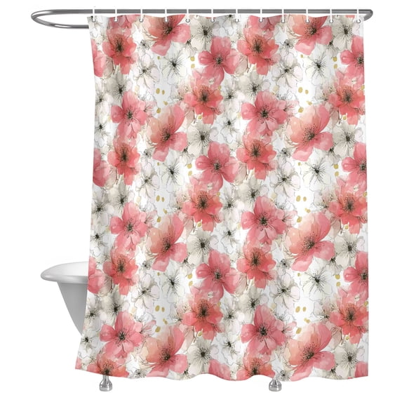 Bathroom Shower Curtain Watercolor White Red Flower Floral Waterproof ...
