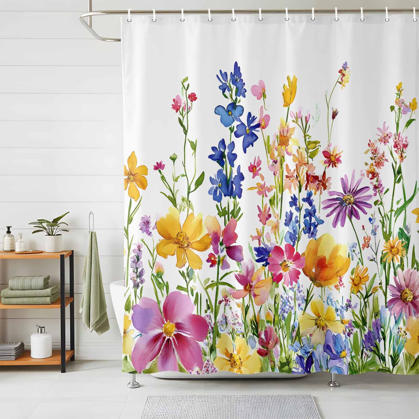 Bathroom Shower Curtain Watercolor Wildflowers in Full Bloom Waterproof ...