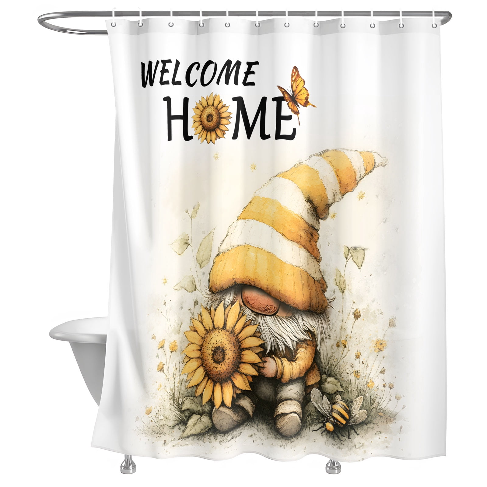 Bathroom Shower Curtain Watercolor Yellow Dwarf Sunflower Bee ...