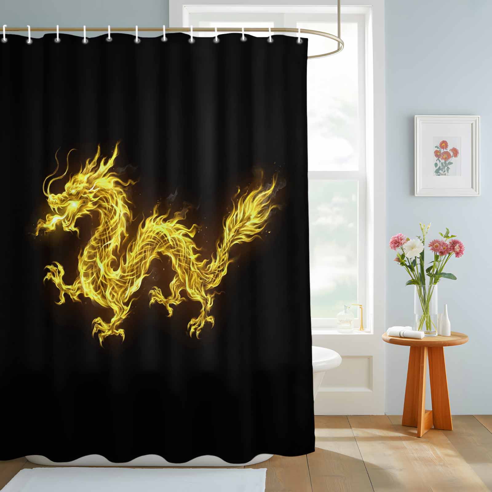 Bathroom Shower Curtain Watercolor Yellow Flames Dragons on Black ...