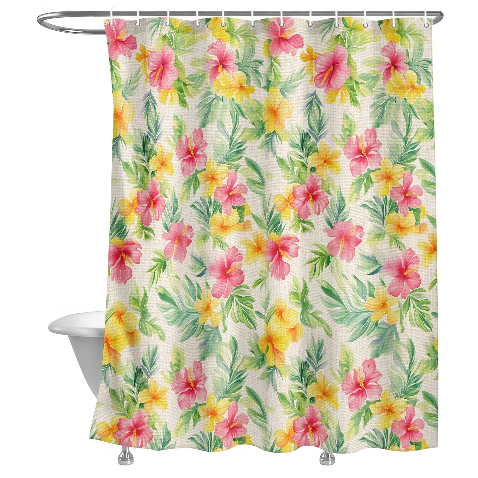 Bathroom Shower Curtain Watercolor Yellow Pink Flower Green Leaves ...