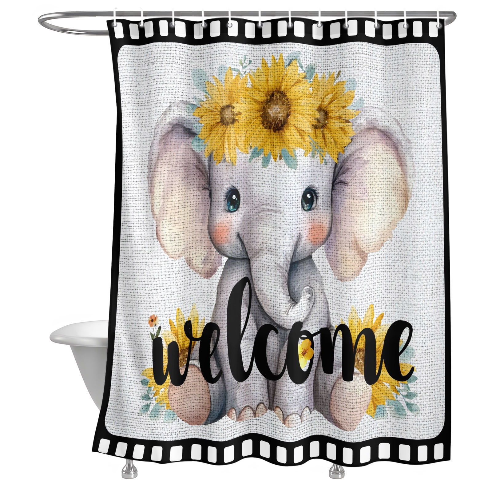 Bathroom Shower Curtain Welcome Words Animals Elephants Waterproof ...