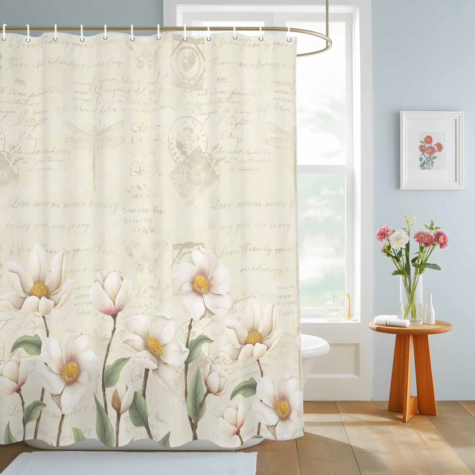 Bathroom Shower Curtain White Blossom Flower Leaves Waterproof Shower ...