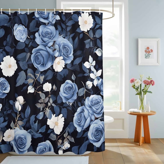 Bathroom Shower Curtain White Daisy Blue Roses on Black Waterproof ...